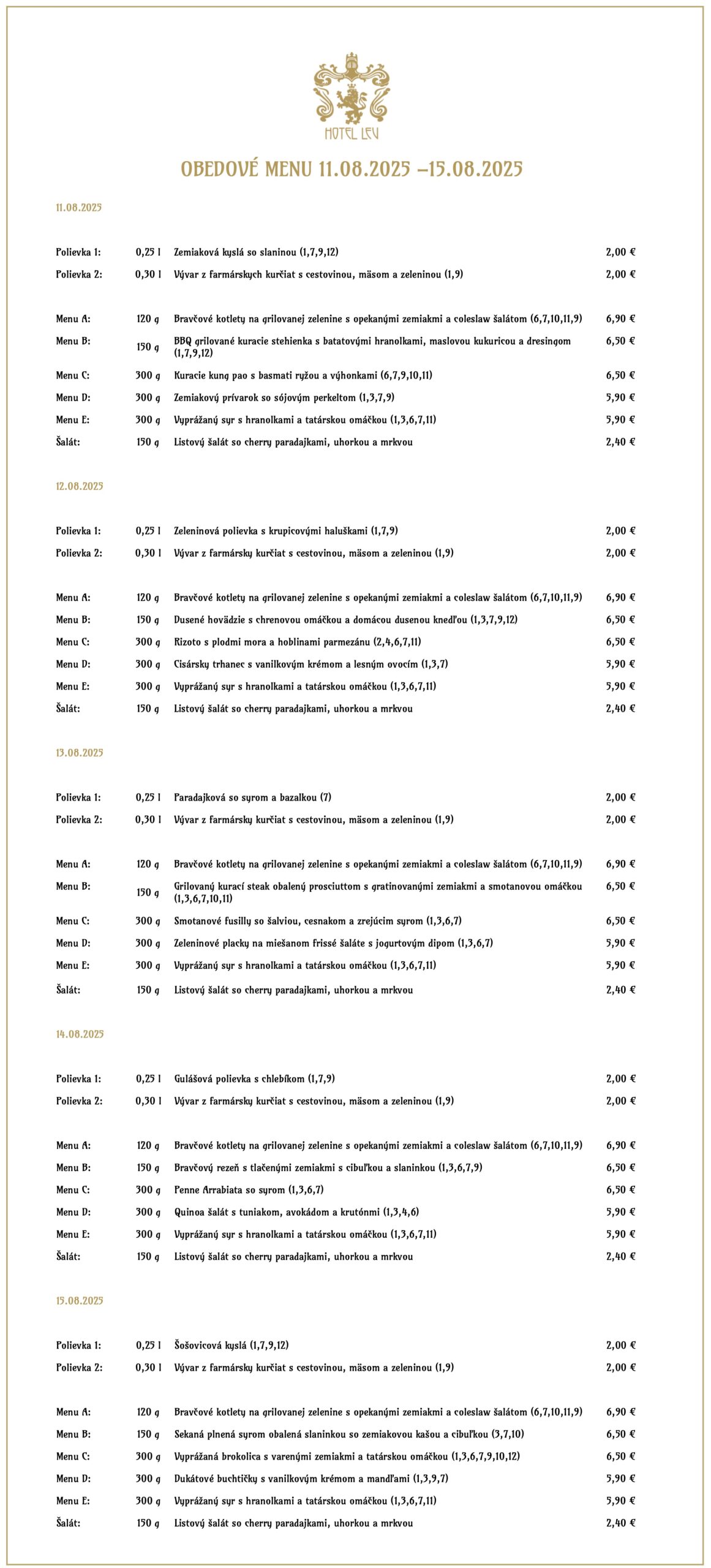 Obedové Menu - Hotel Lev
